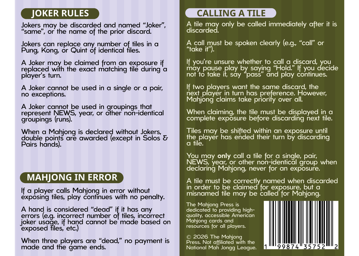 2026 American Mahjong Card – Annual Edition